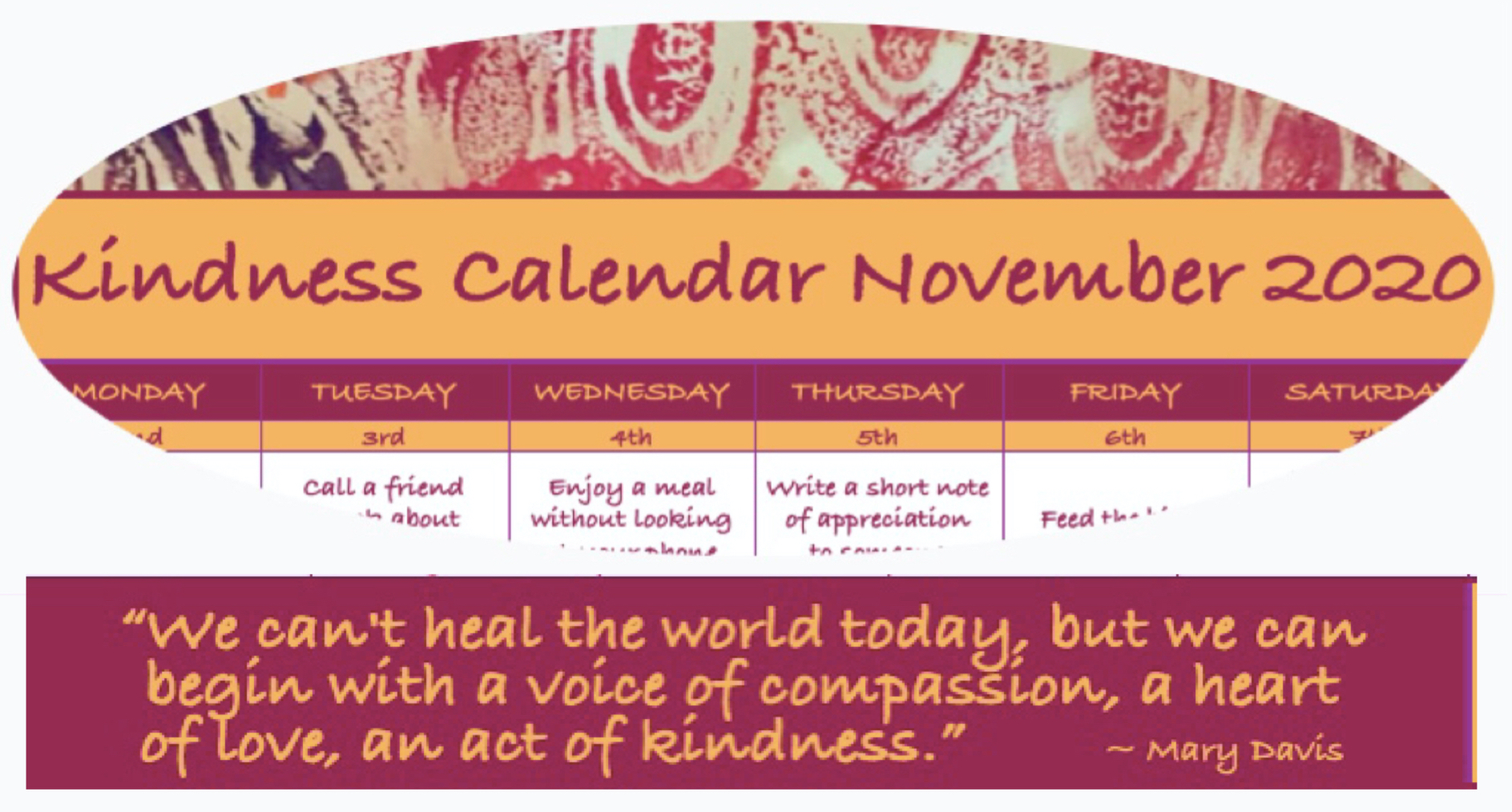 Kindness Calendar November 2020 – make today happy