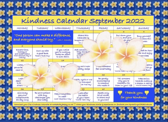 Kindness Calendar September 2022 – make today happy